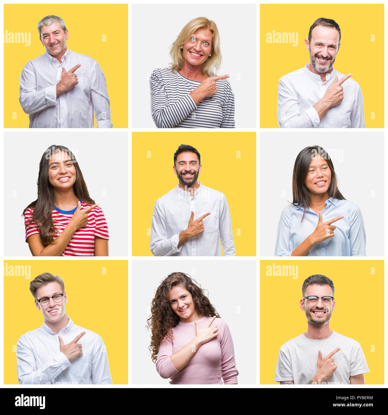 Collage of group of young and senior people over yellow isolated ...