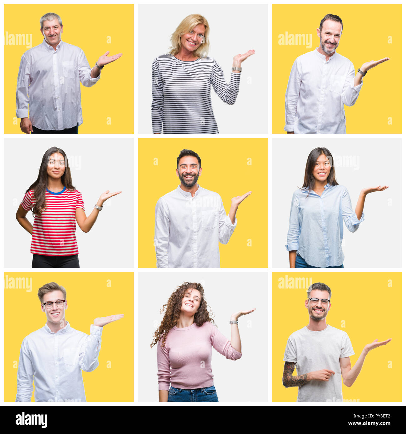 Collage of group of young and senior people over yellow isolated ...