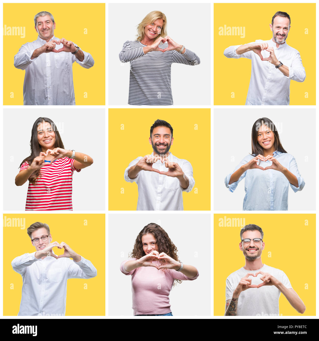 Collage of group of young and senior people over yellow isolated ...