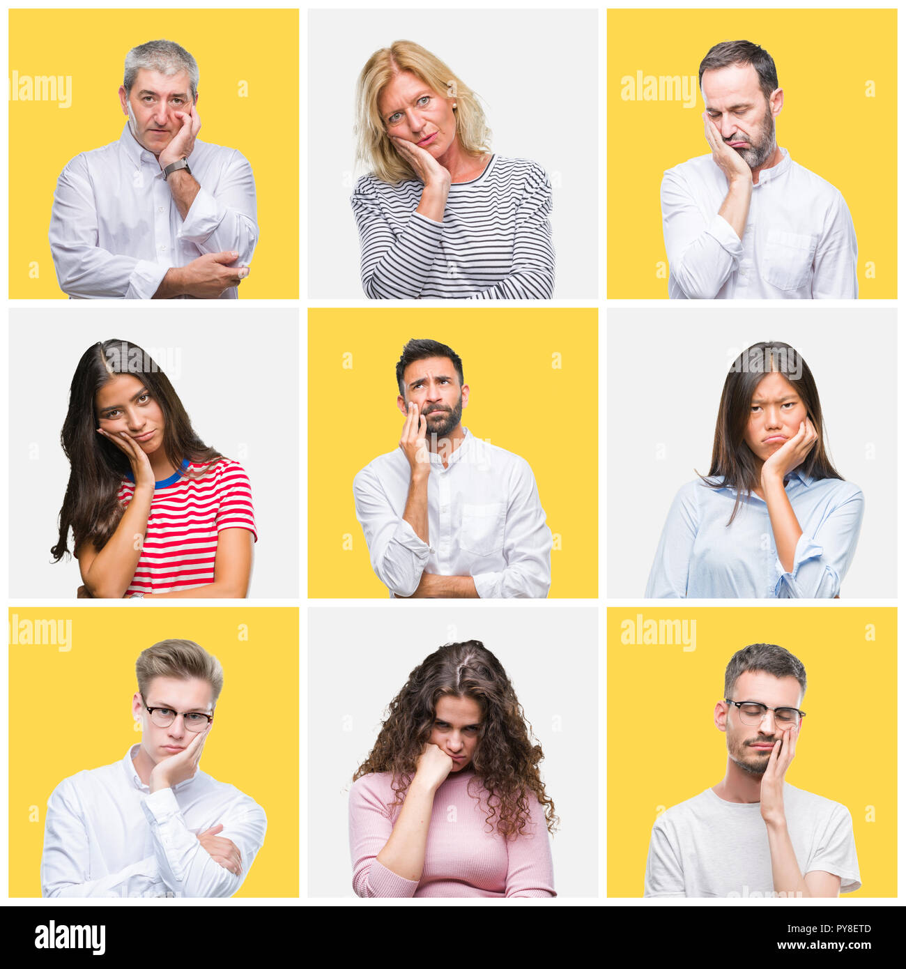 Collage of group of young and senior people over yellow isolated ...