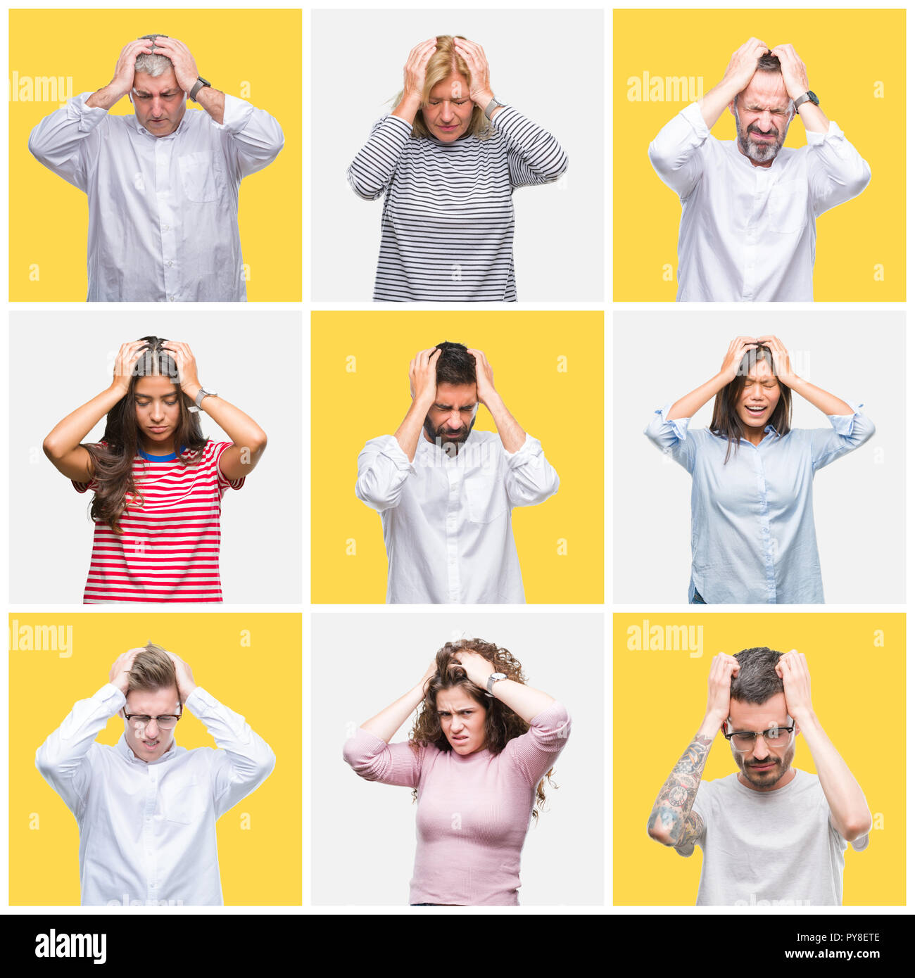 Collage of group of young and senior people over yellow isolated ...