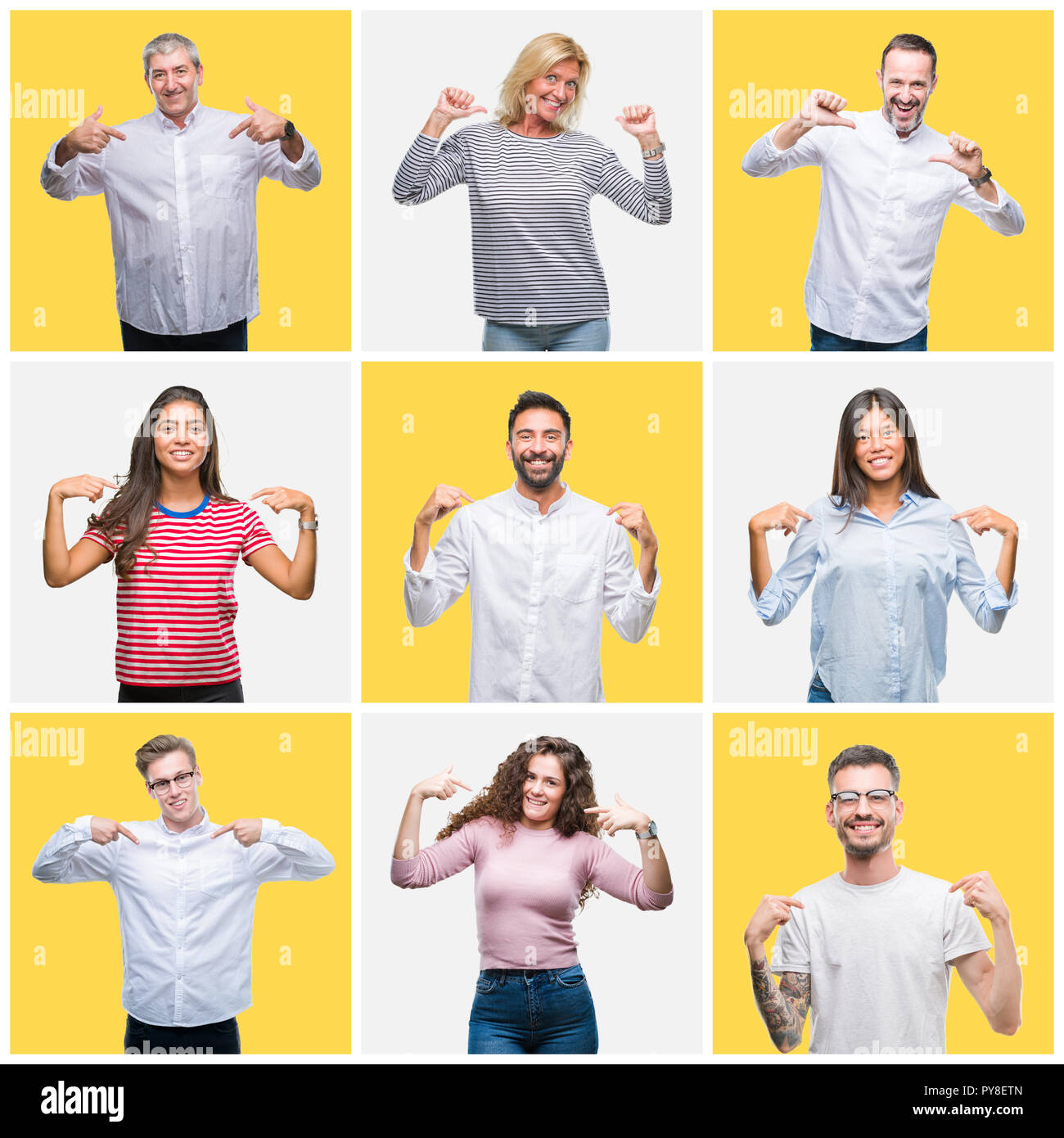 Collage of group of young and senior people over yellow isolated ...