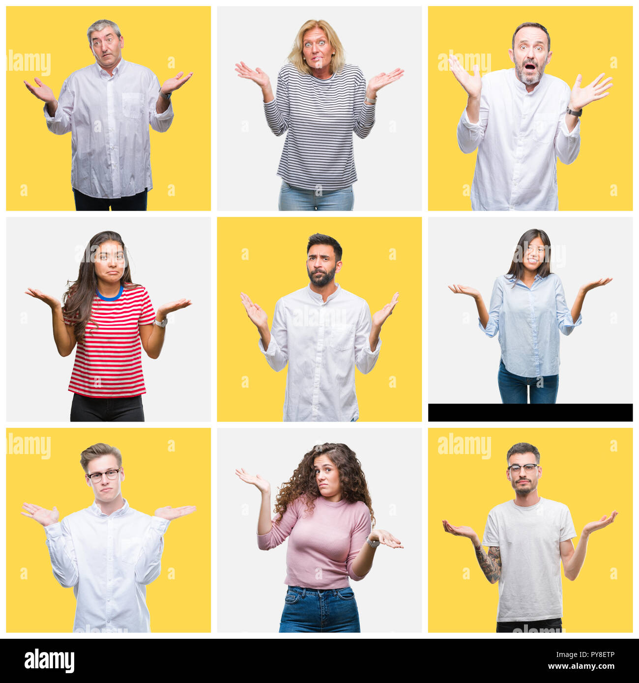 Collage of group of young and senior people over yellow isolated ...
