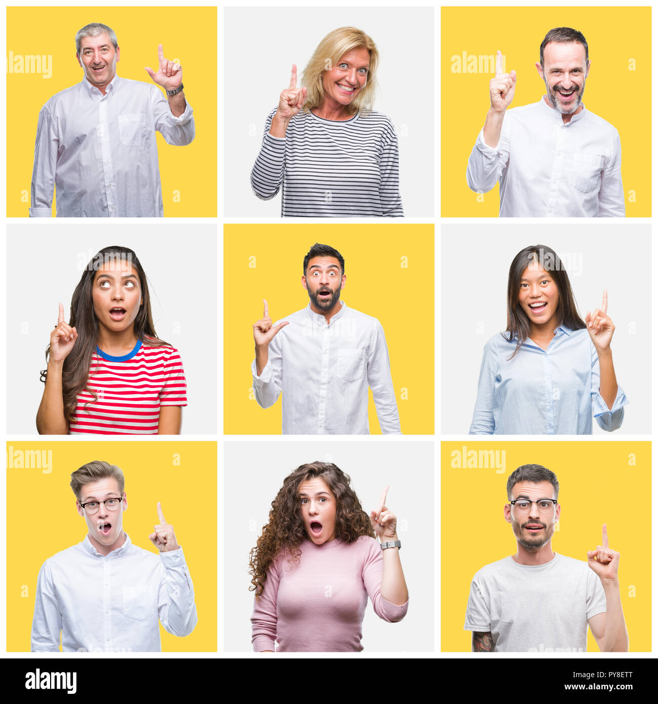 Collage of group of young and senior people over yellow isolated ...