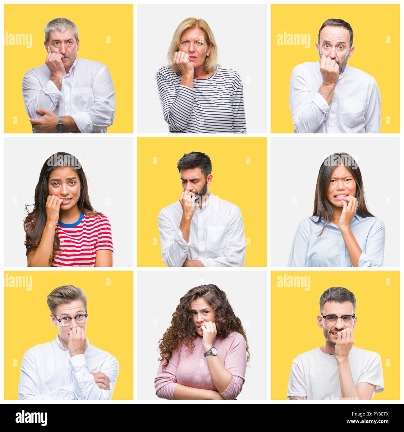 Collage of group of young and senior people over yellow isolated ...