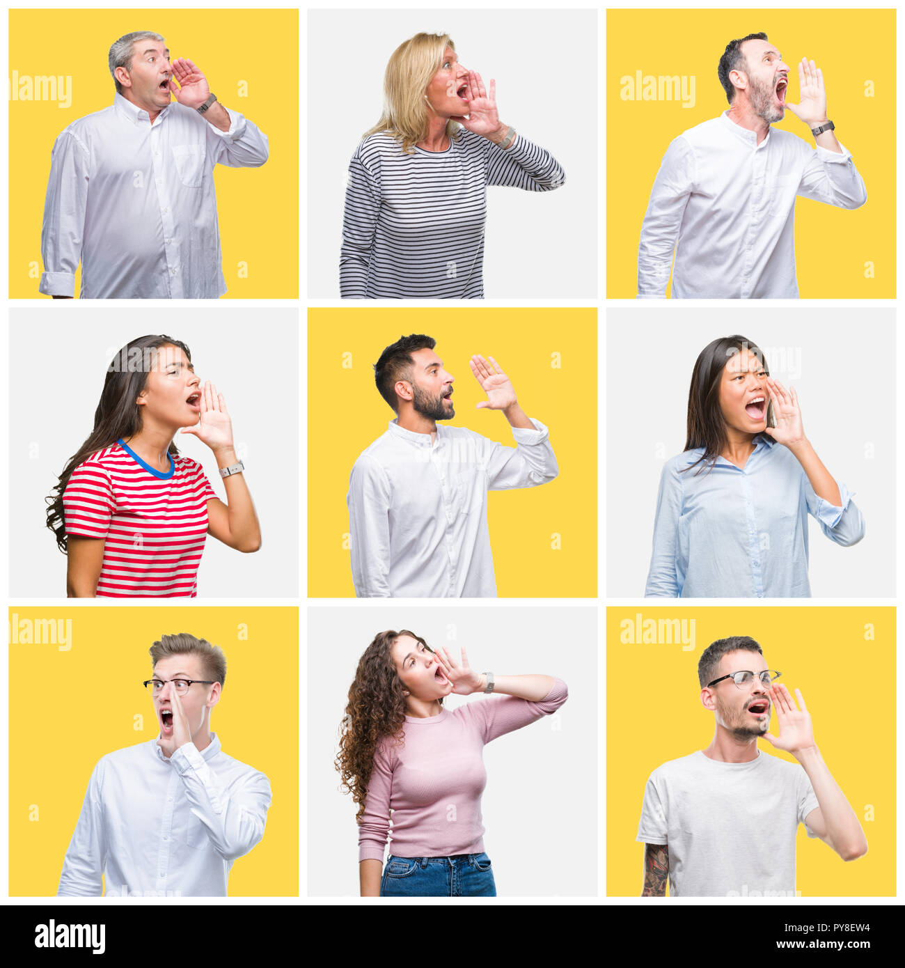 Young woman and man shouting hand over mouth yellow hi-res stock ...