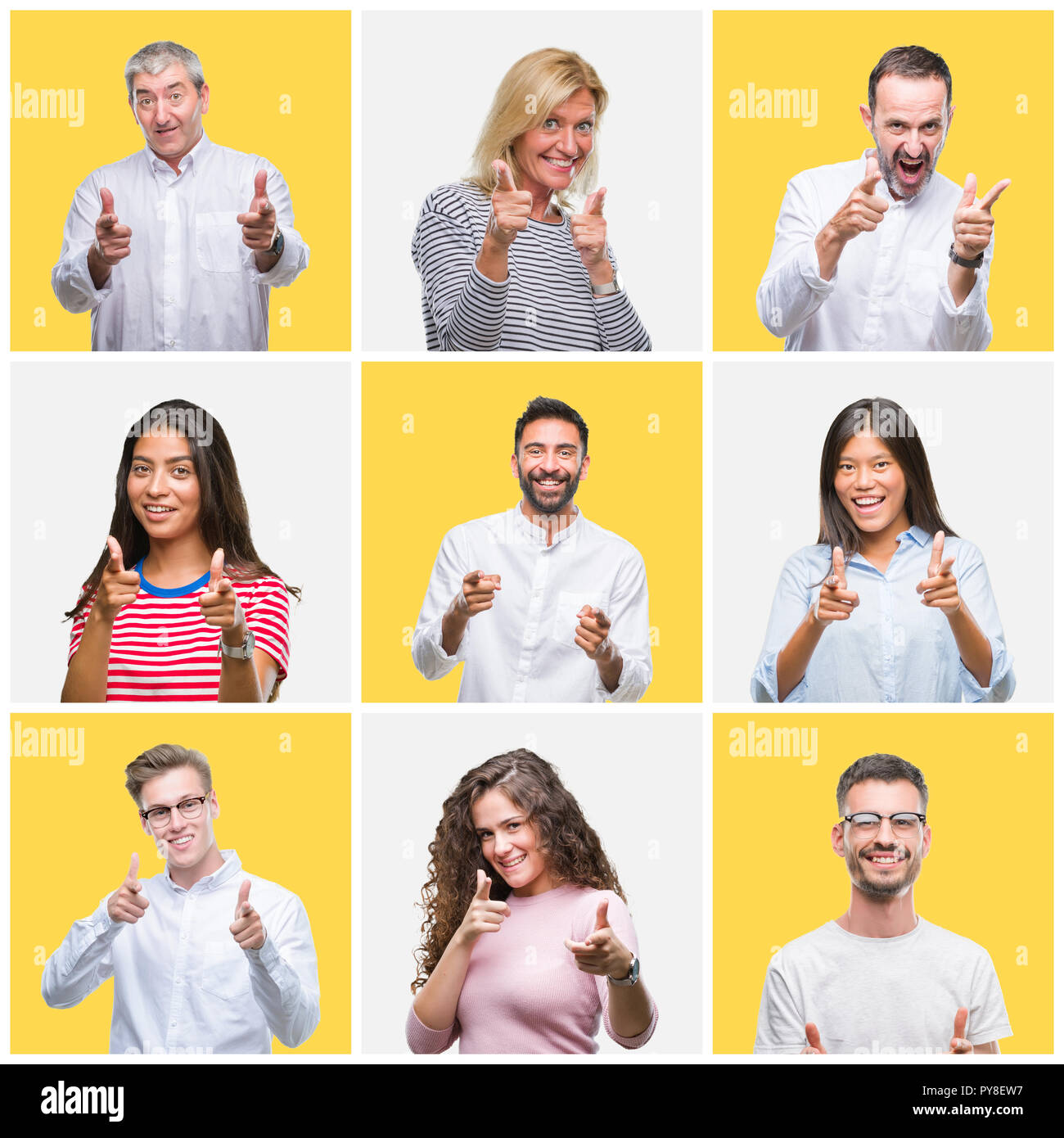 Collage of group of young and senior people over yellow isolated ...