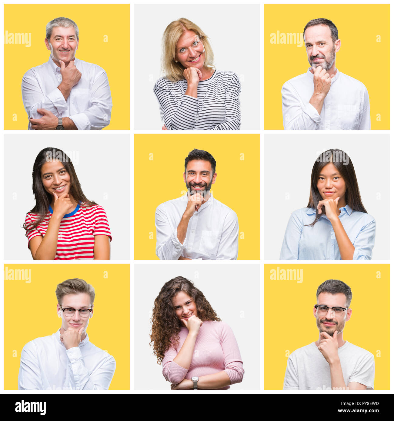 Collage of group of young and senior people over yellow isolated ...