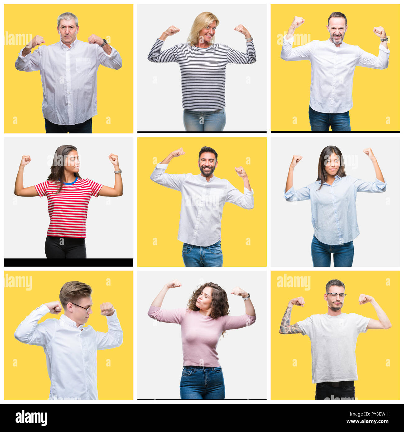 Collage of group of young and senior people over yellow isolated ...