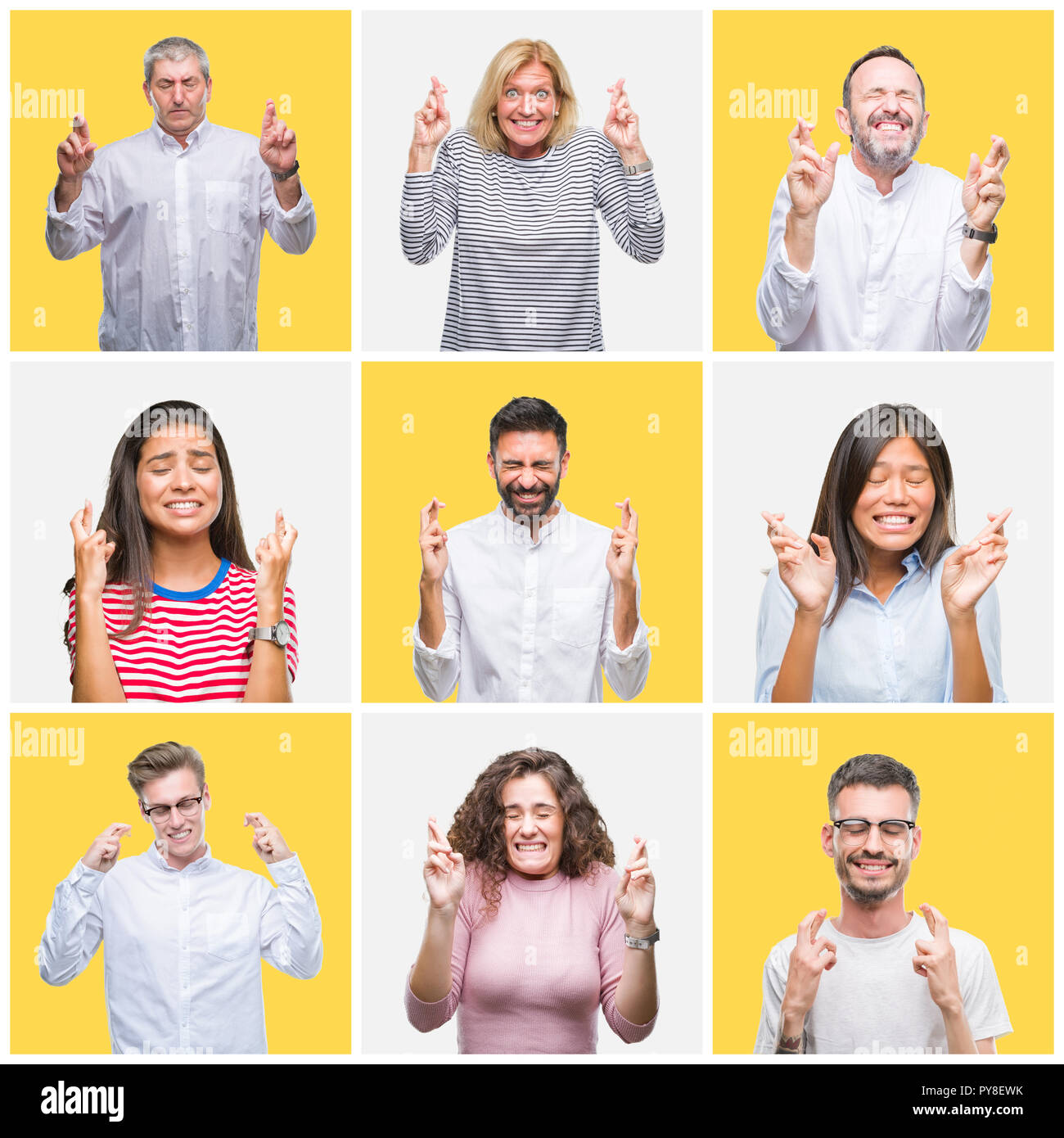 Collage of group of young and senior people over yellow isolated ...