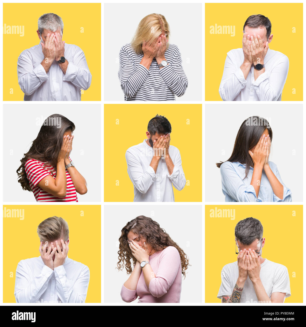 Collage of group of young and senior people over yellow isolated ...