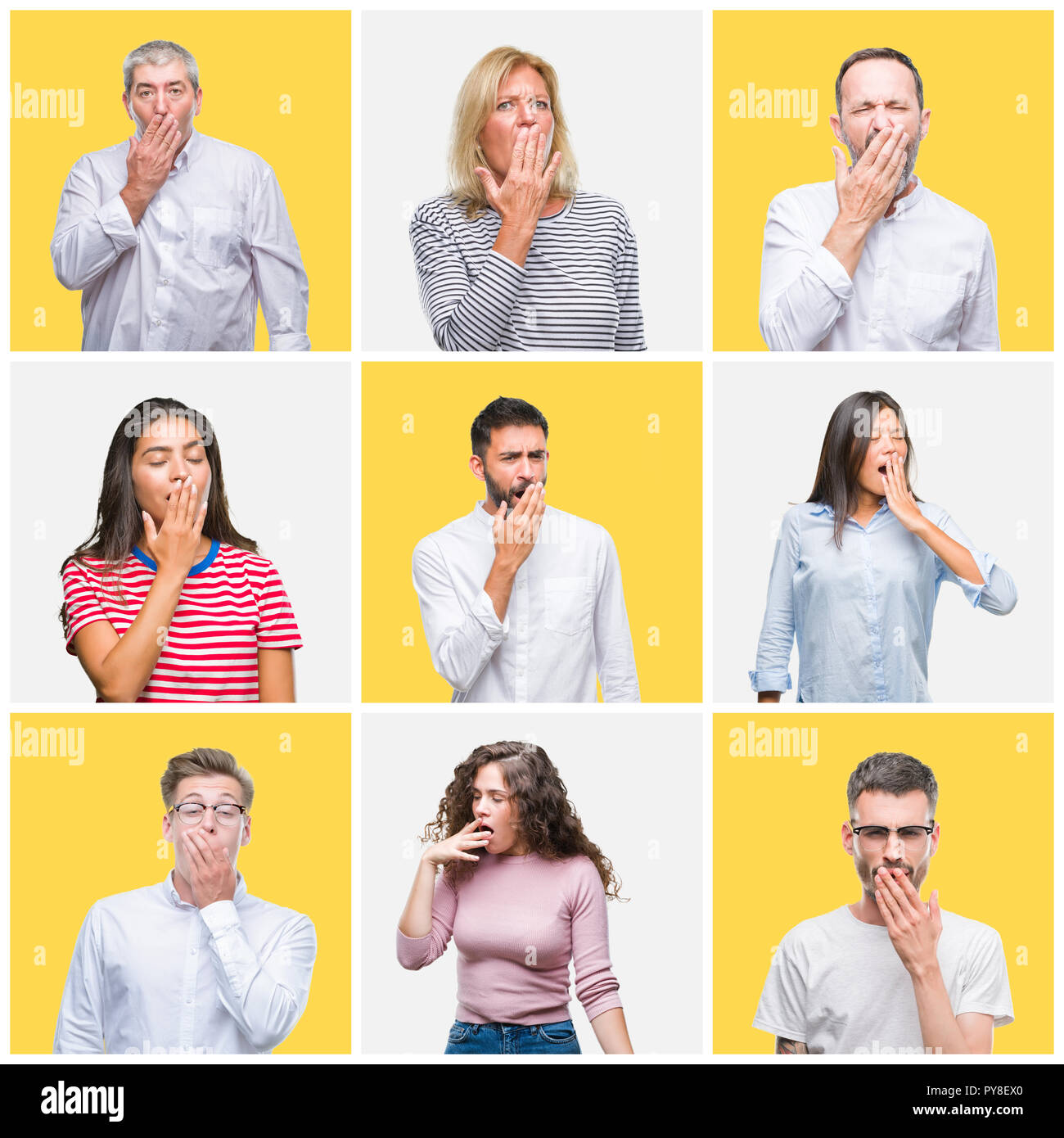 Collage of group of young and senior people over yellow isolated ...