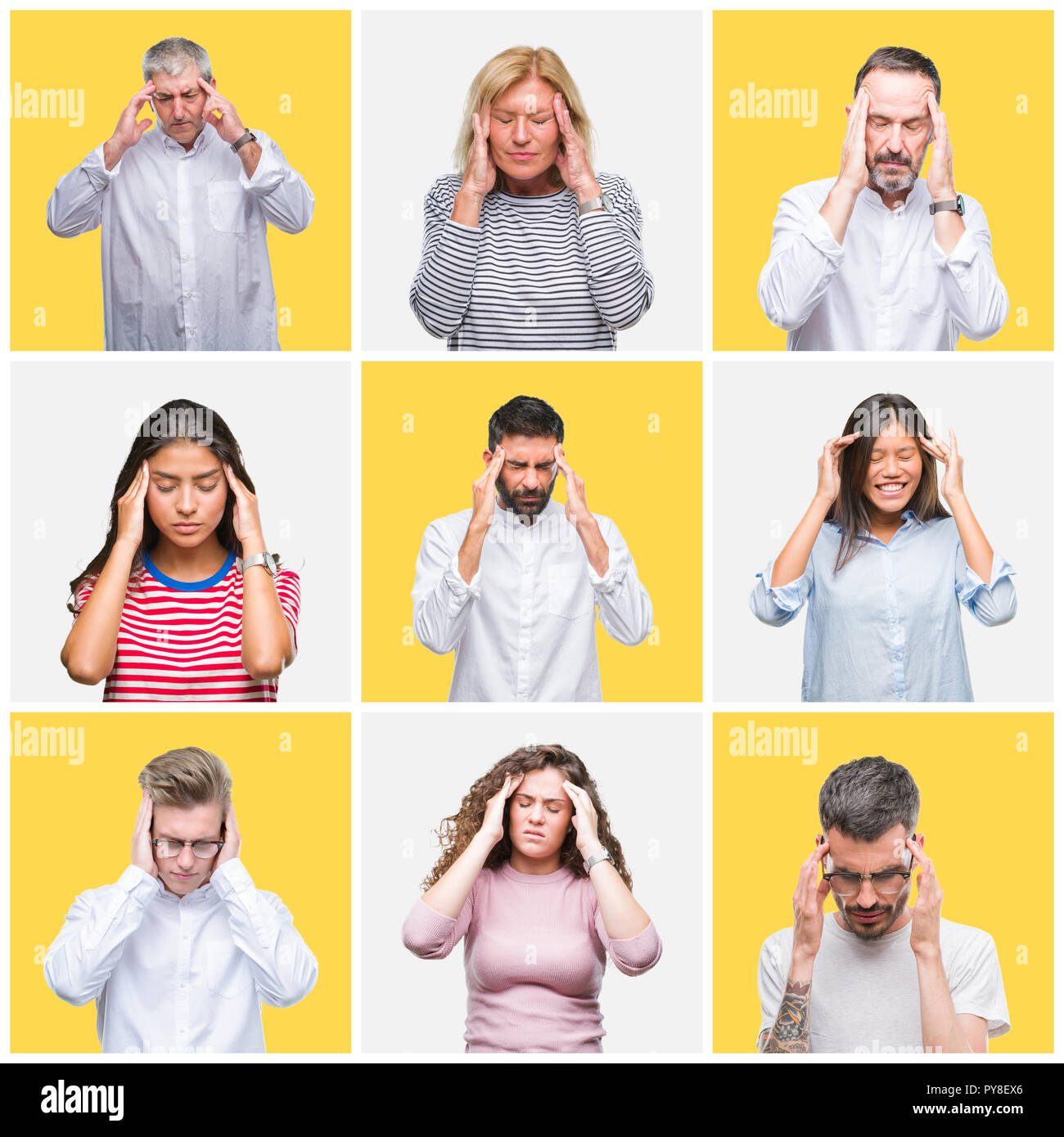 Collage of group of young and senior people over yellow isolated ...