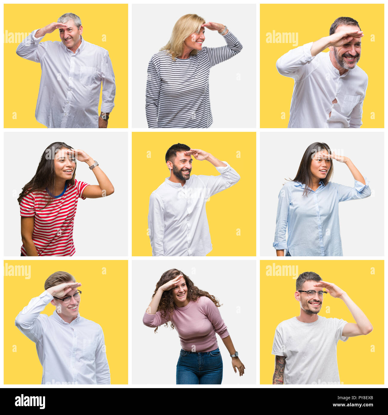 Collage of group of young and senior people over yellow isolated ...