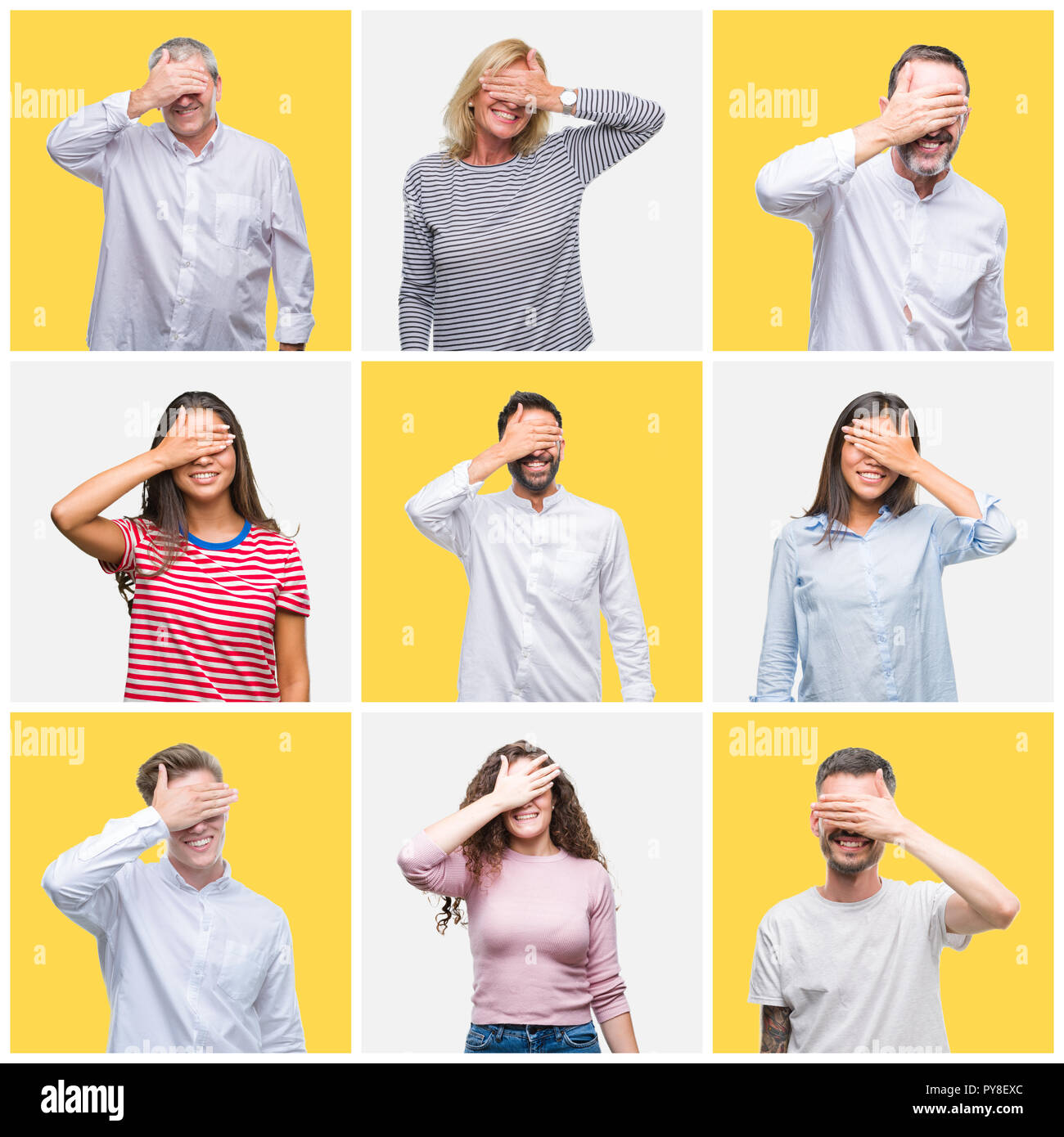 Collage of group of young and senior people over yellow isolated ...