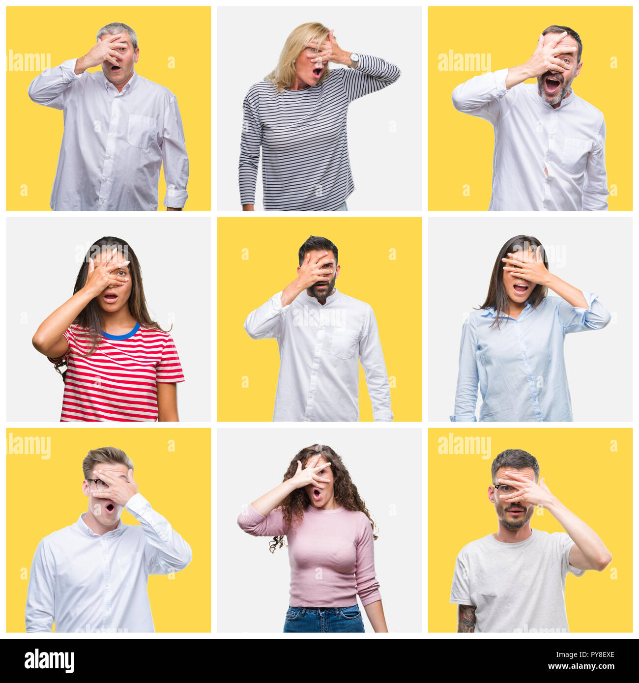 Collage of group of young and senior people over yellow isolated ...