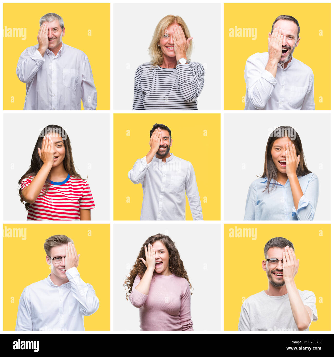 Collage of group of young and senior people over yellow isolated ...