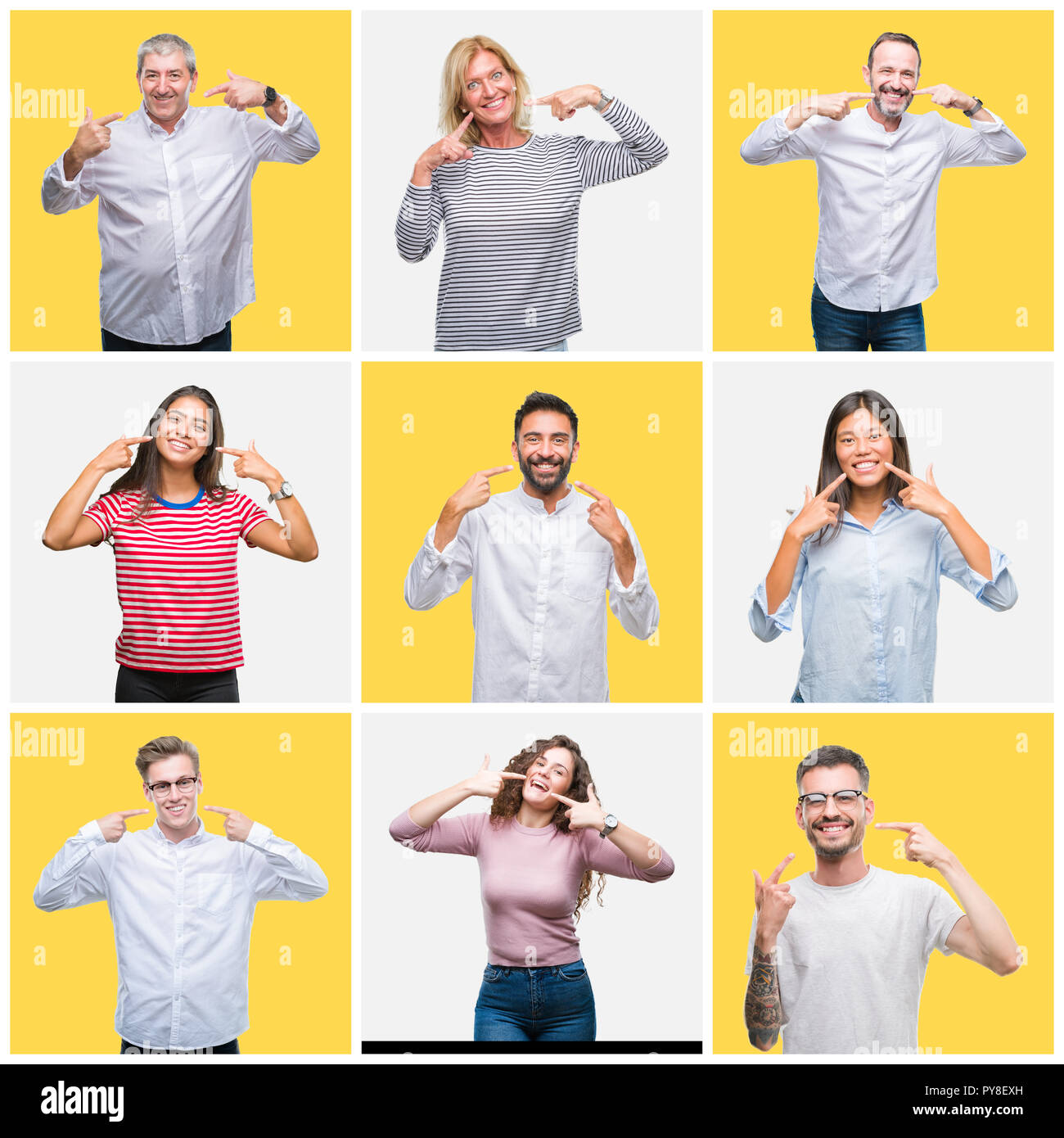 Collage of group of young and senior people over yellow isolated ...