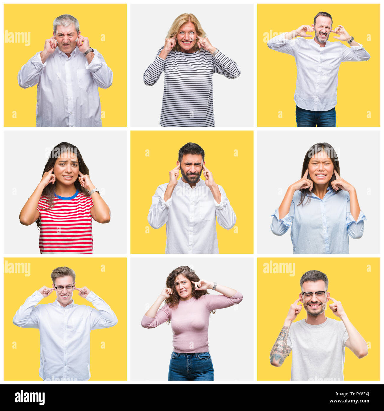 Collage of group of young and senior people over yellow isolated ...