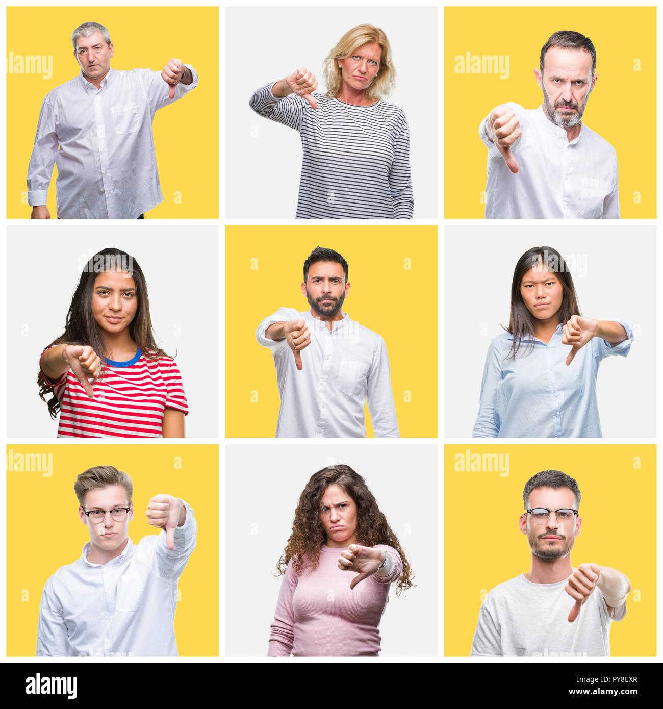 Collage of group of young and senior people over yellow isolated ...