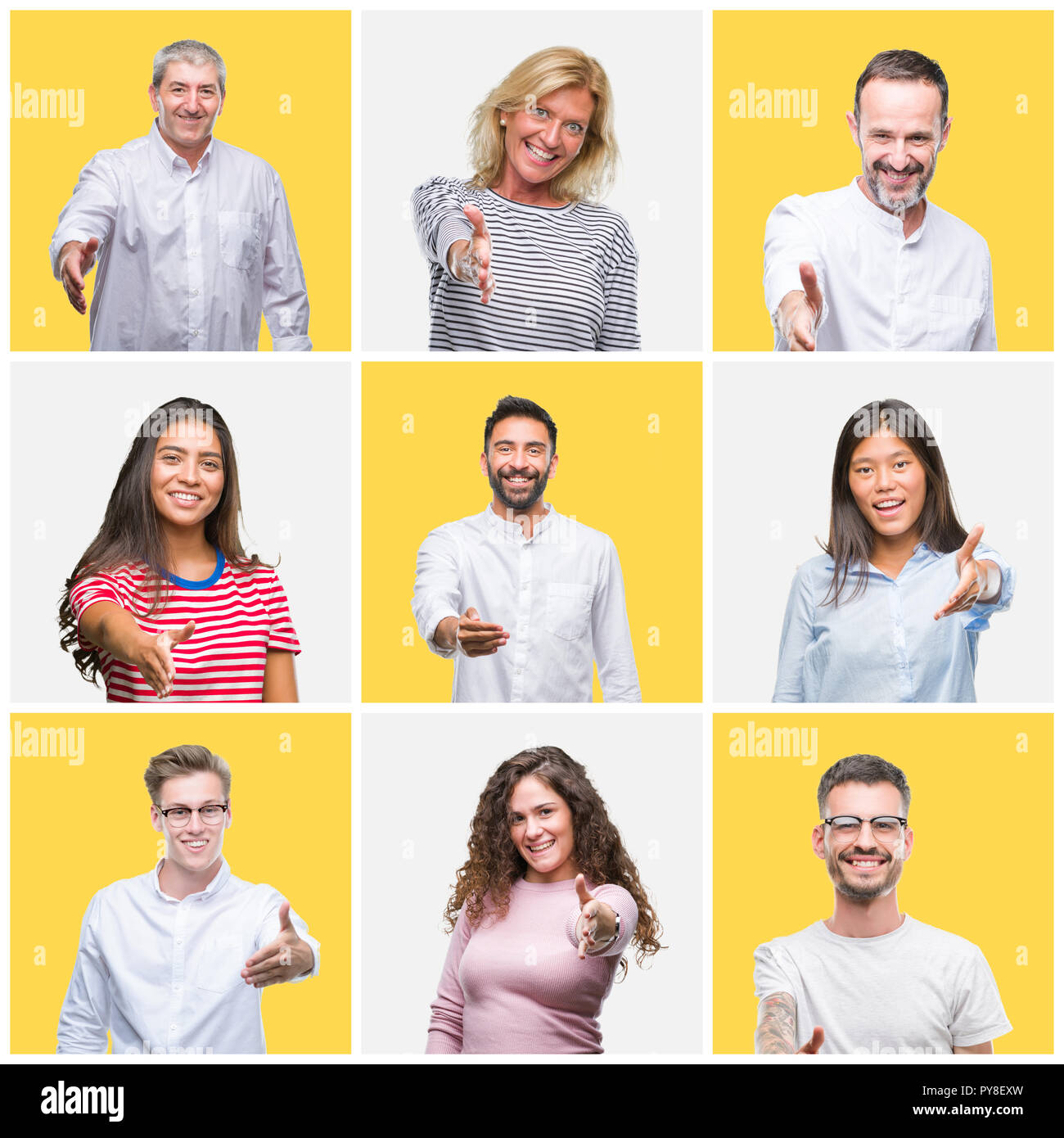 Collage of group of young and senior people over yellow isolated ...