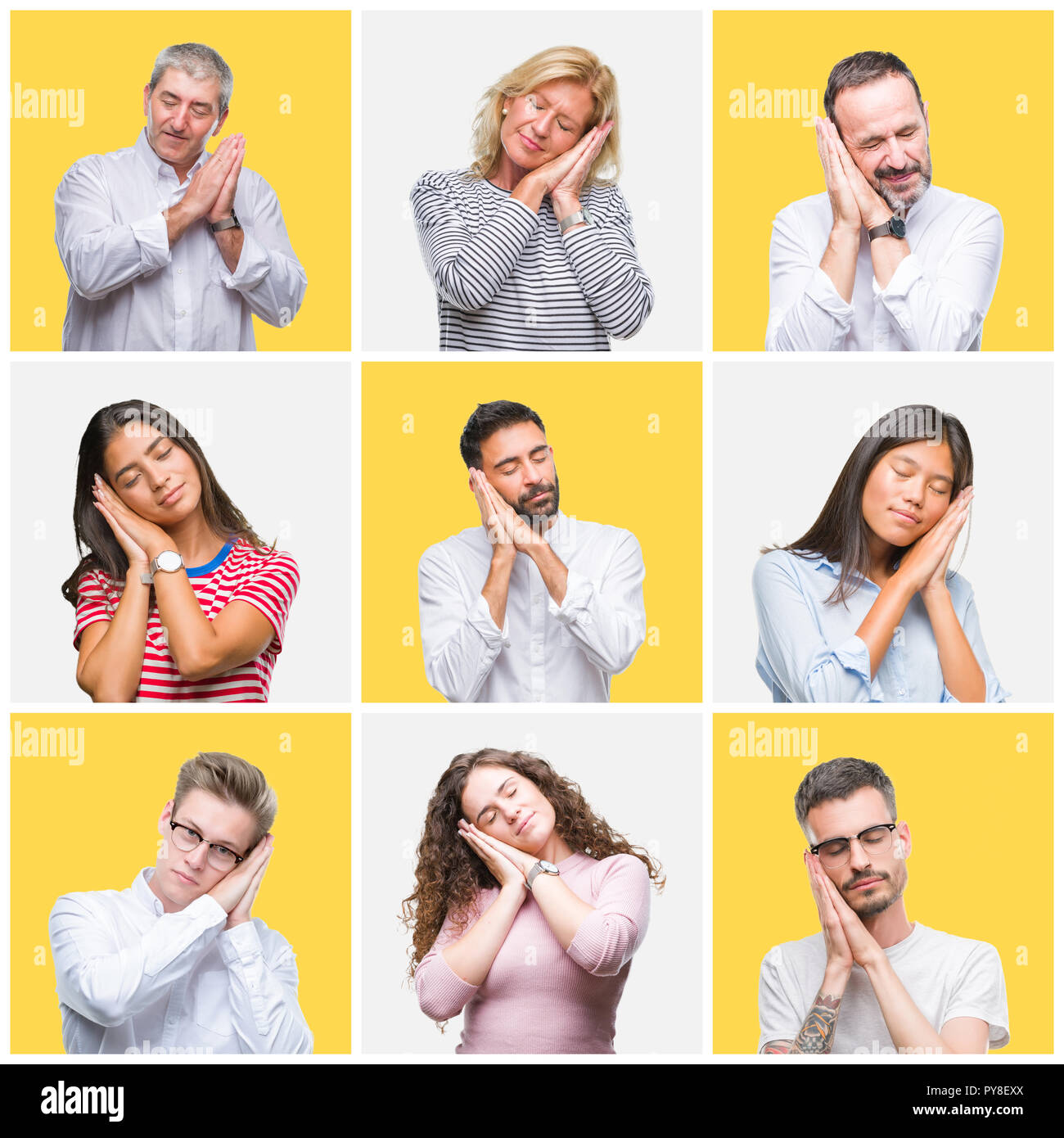 Collage of group of young and senior people over yellow isolated ...