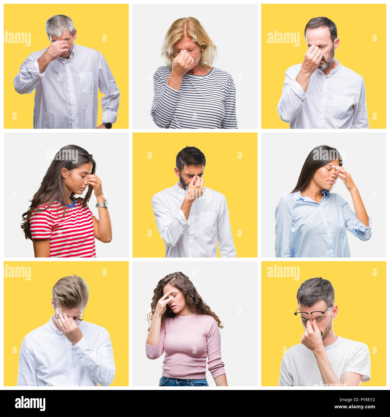 Collage of group of young and senior people over yellow isolated ...