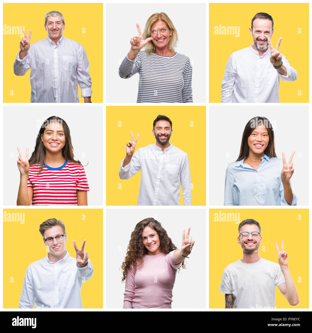 Collage of group of young and senior people over yellow isolated ...