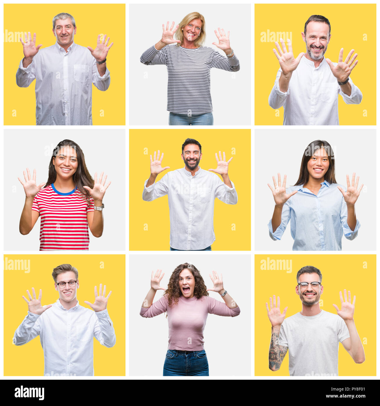 Collage of group of young and senior people over yellow isolated ...