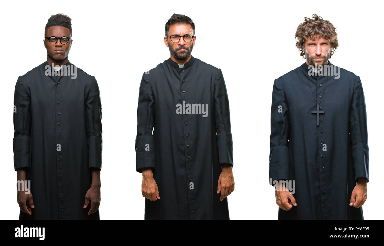 Collage of christian priest men over isolated background skeptic and ...