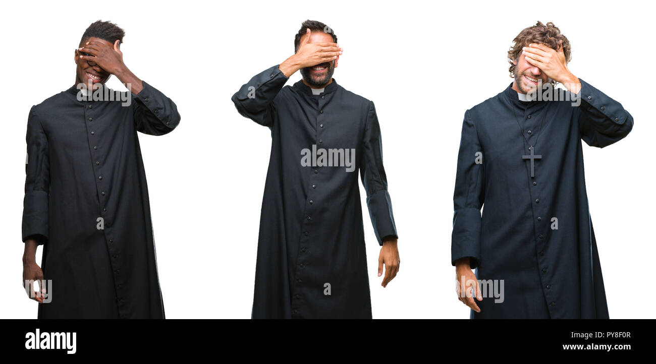 Collage of christian priest men over isolated background smiling and ...