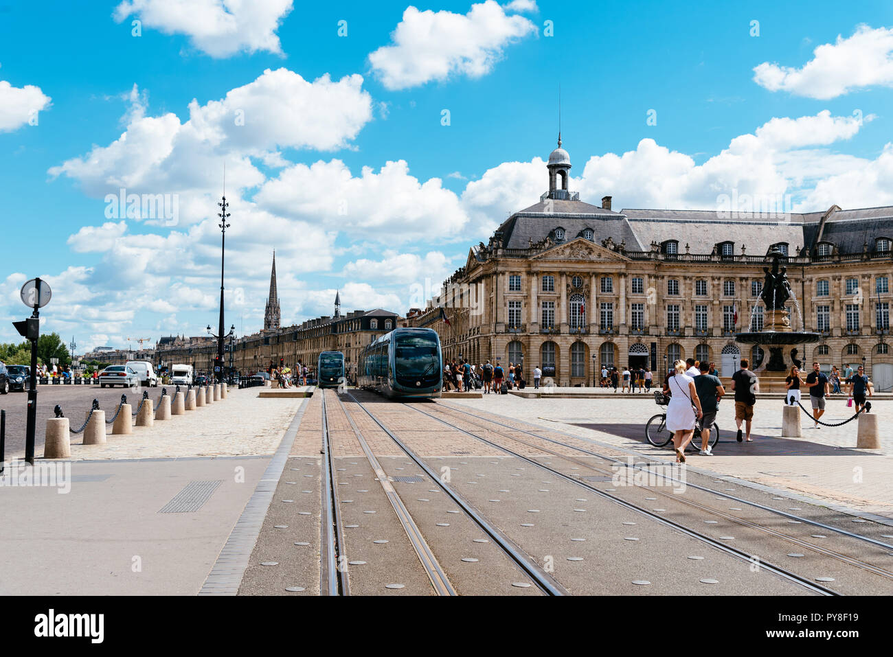 Bordeaux, France - July 22, 2018: Place de la Bourse with tramways ...