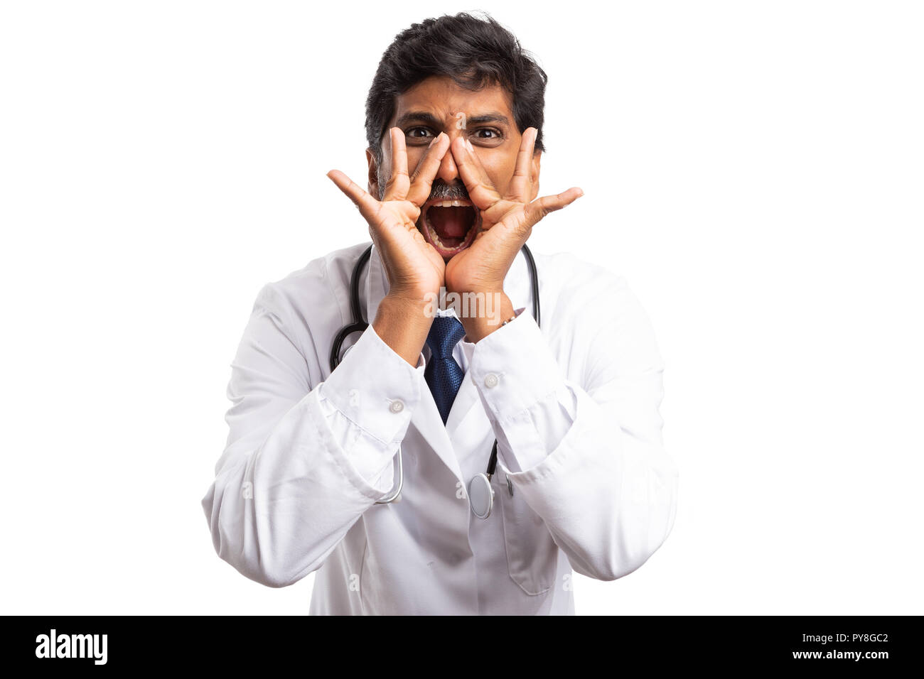 Indian doctor or physician yelling with hands around mouth isolated on ...