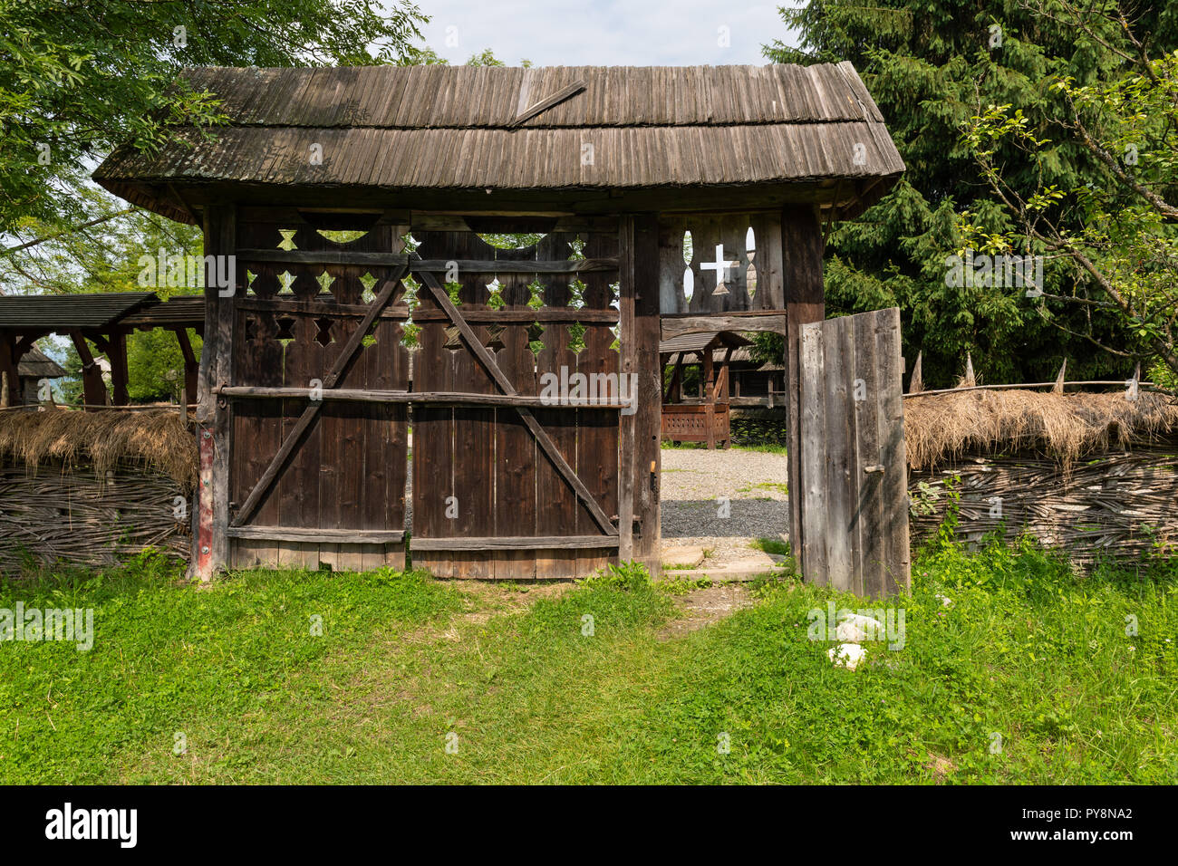 Traditional handmade wooden carved gate from Maramures region in ...