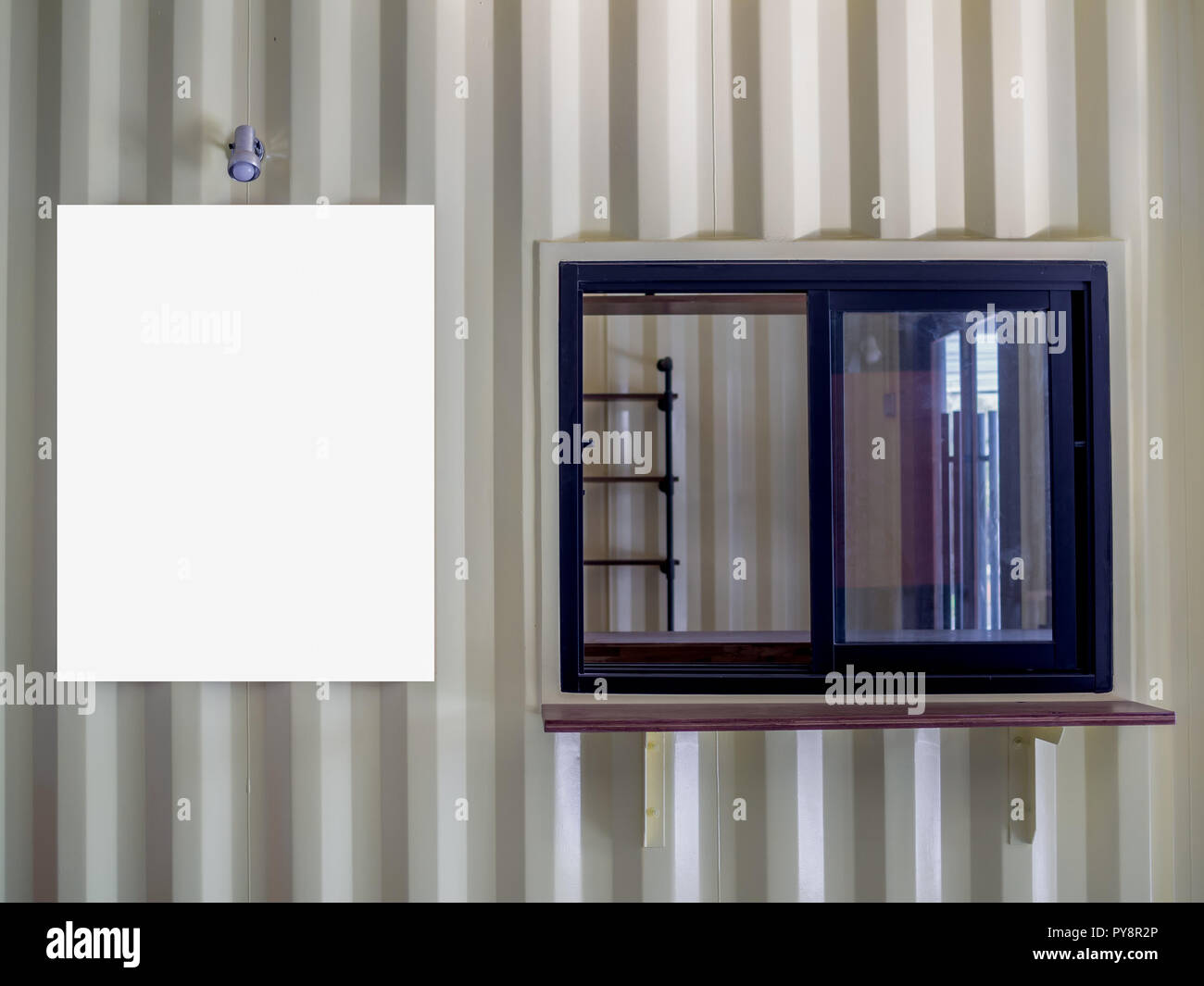Blank white mock up poster frame on shipping container wall building ...