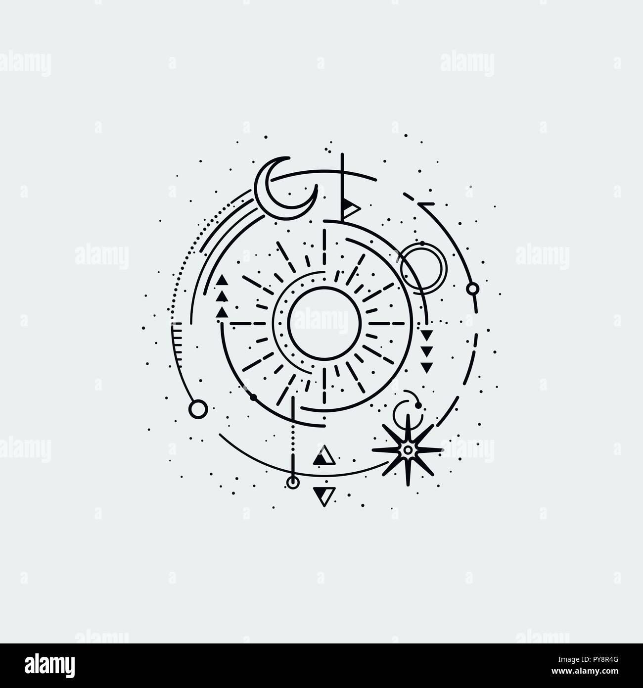 Vintage illustration of thin line sun of sacred. Vector graphic design ...