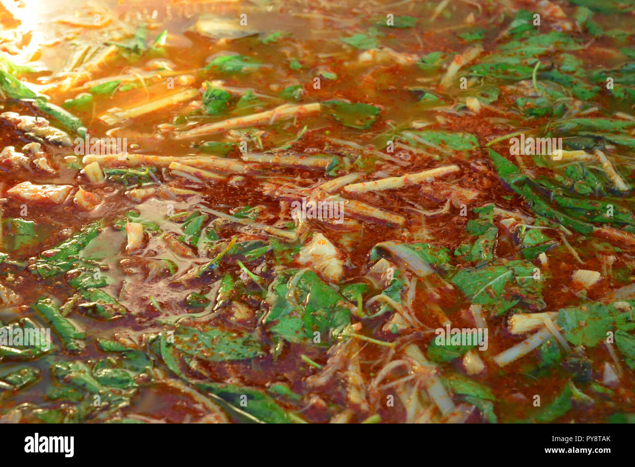 Thai spicy soup with bamboo shoots and herbs Stock Photo - Alamy