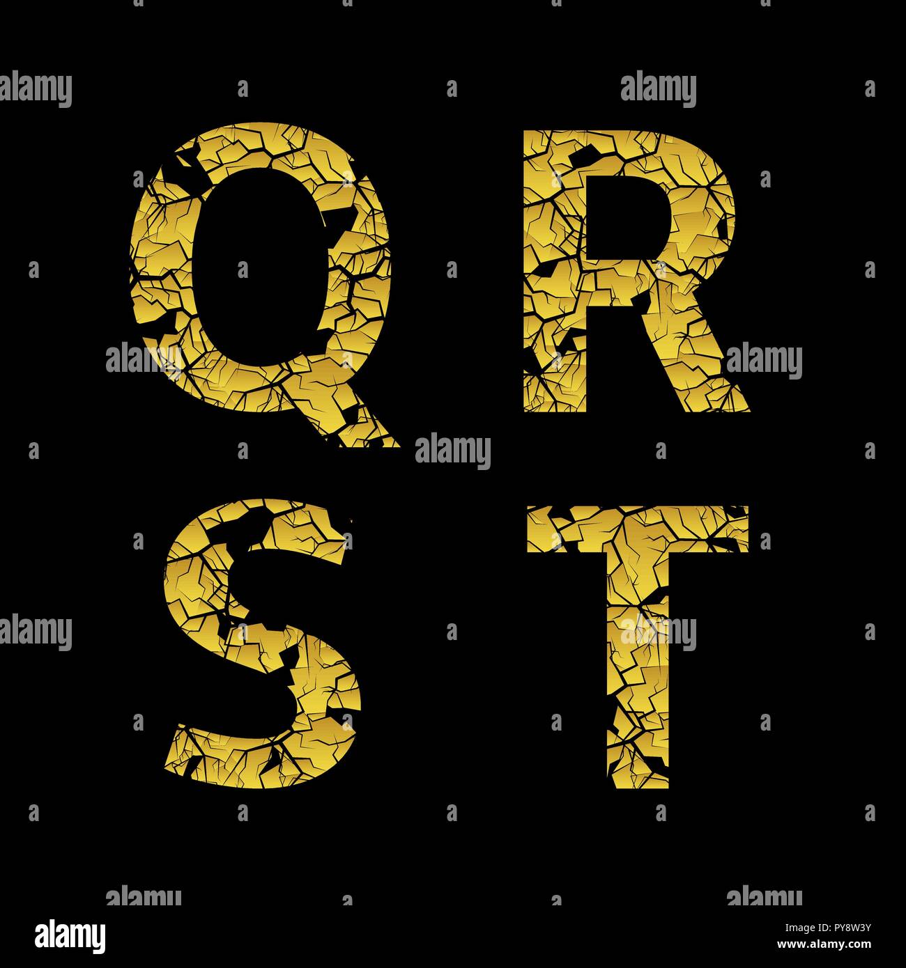 Golden broken Q R S T letters, Old cracked letters. Vector illustration ...