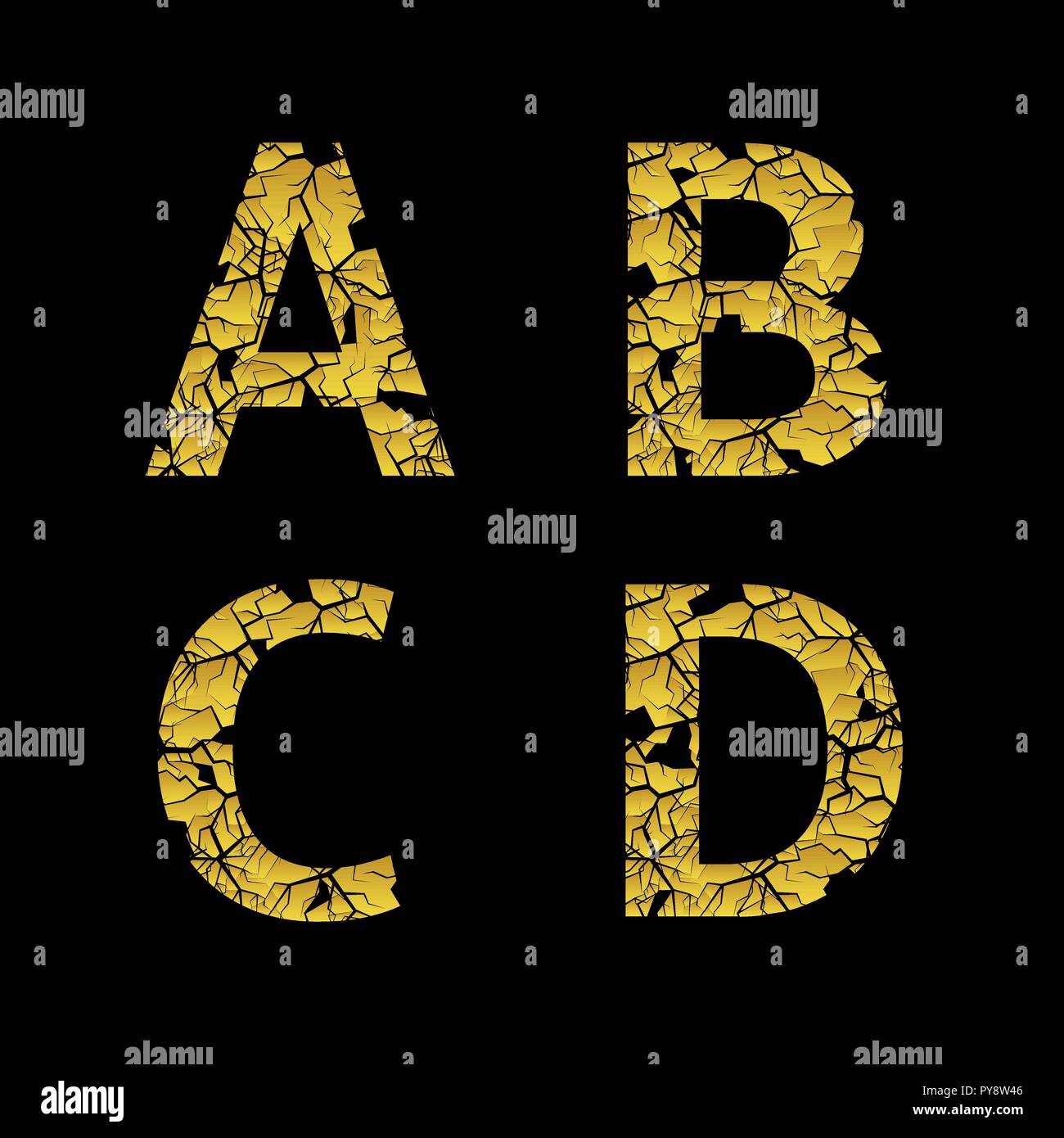 Golden broken A B C D letters, Old cracked letters. Vector illustration ...