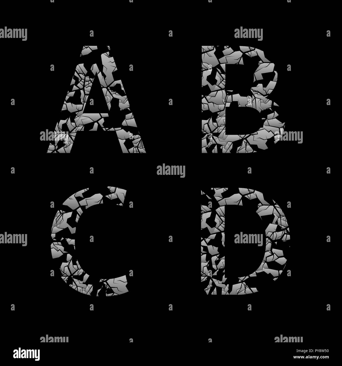 Silver broken A B C D letters, Old cracked letters. Vector illustration ...