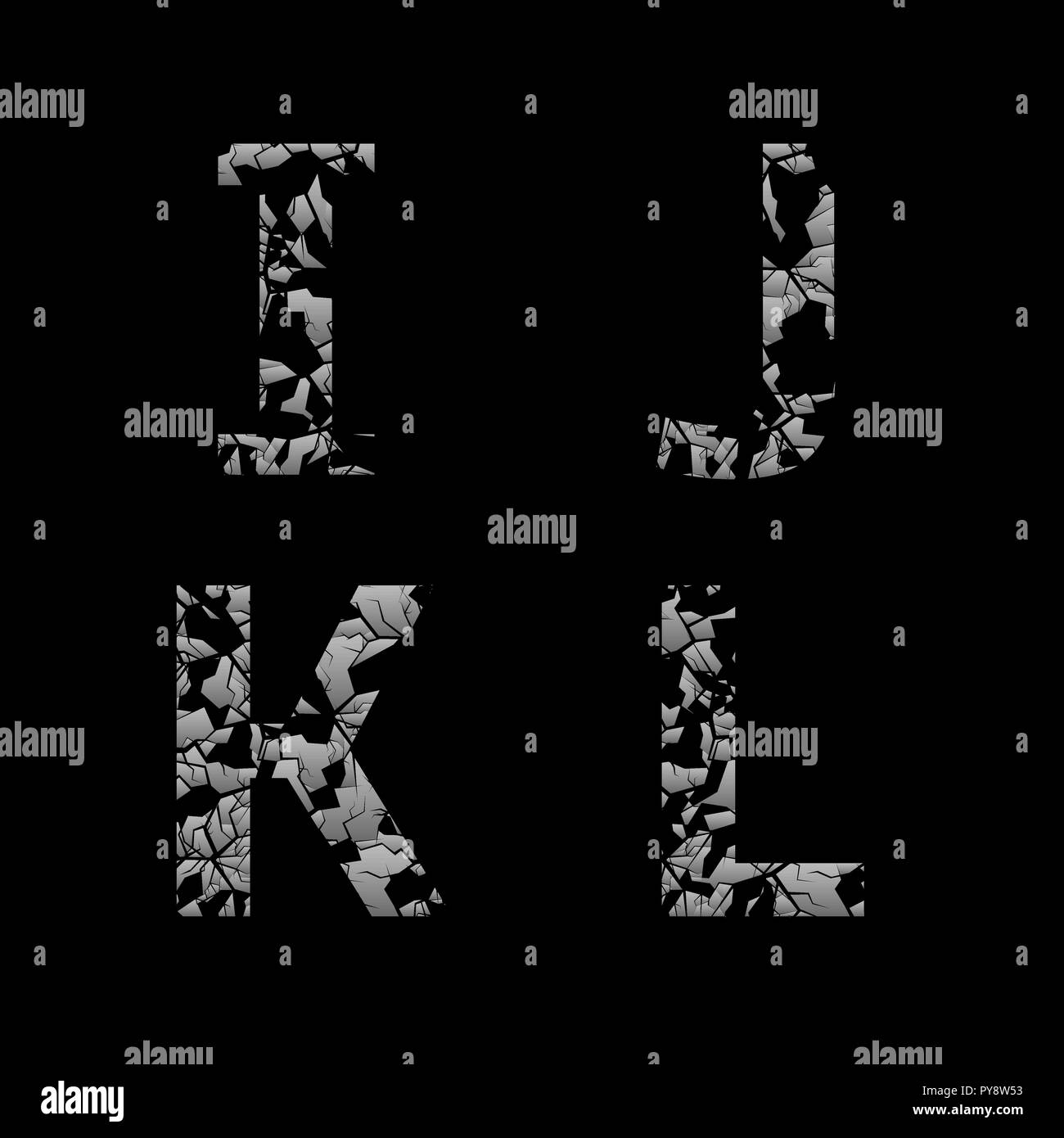 Silver broken I J K L letters, Old cracked letters. Vector illustration ...