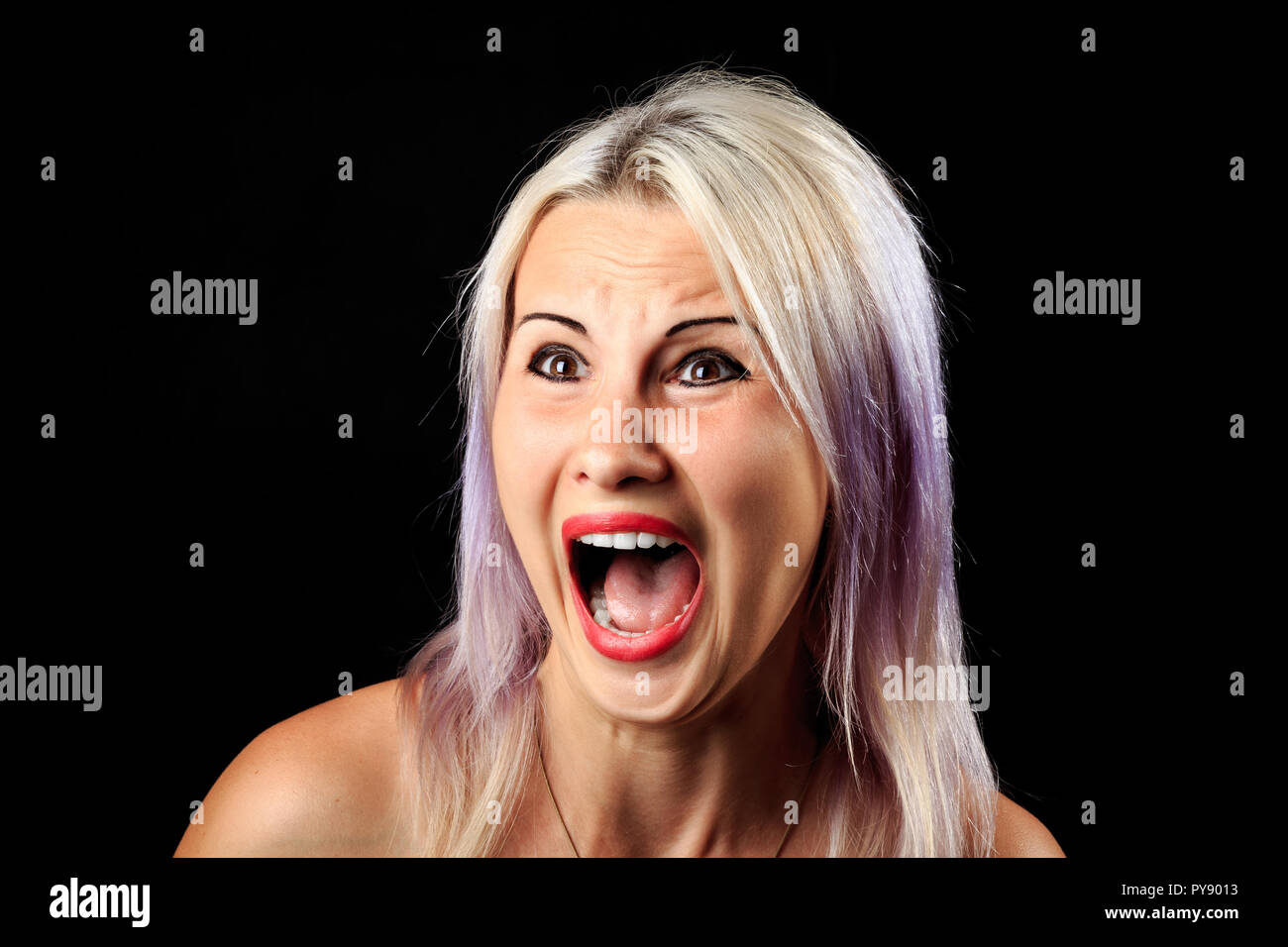 frightened female face expression, scared screaming girl Stock Photo ...