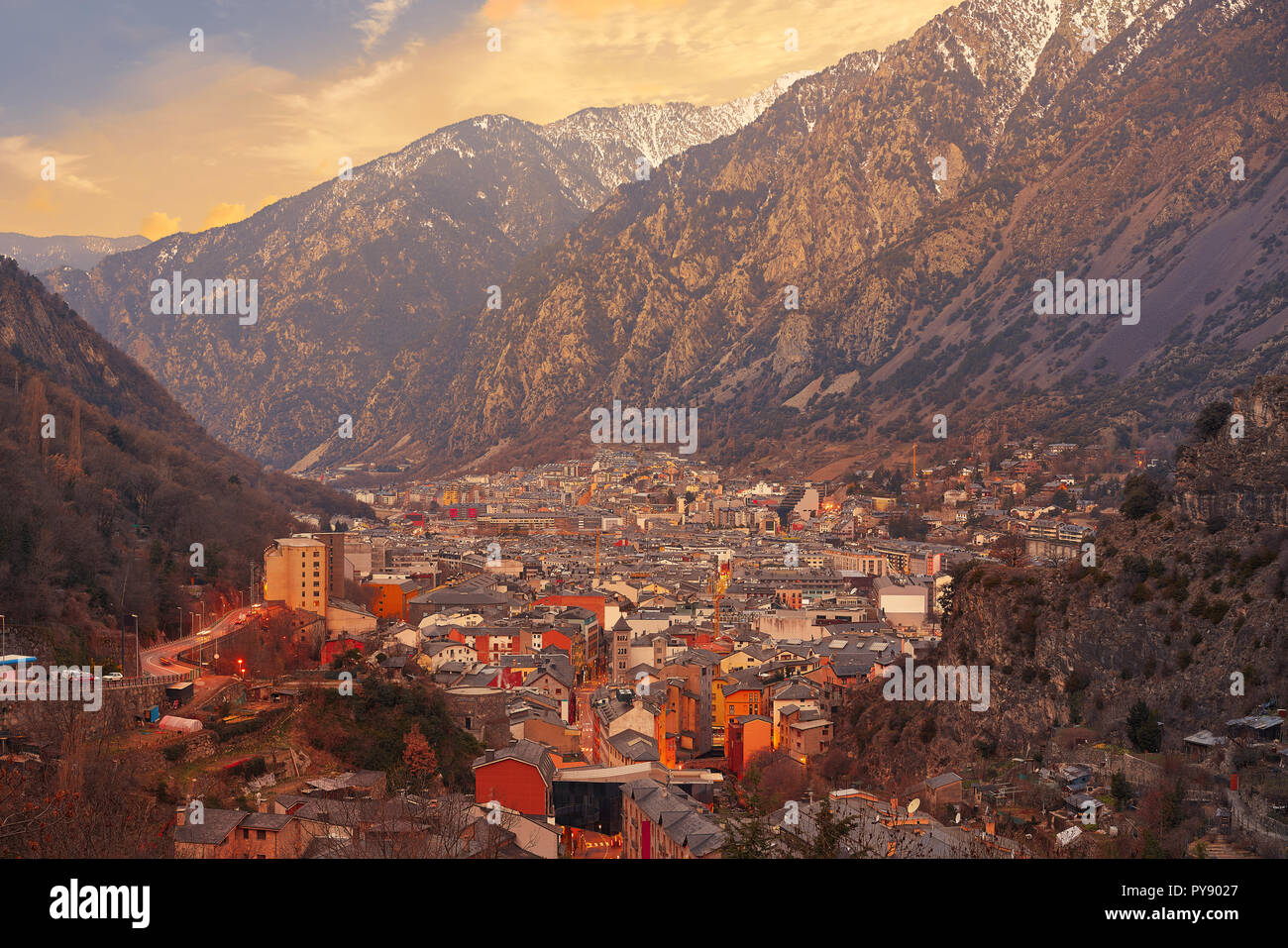 Andorra la Vella skyline at sunset in Pyrenees mountains Stock Photo - Alamy