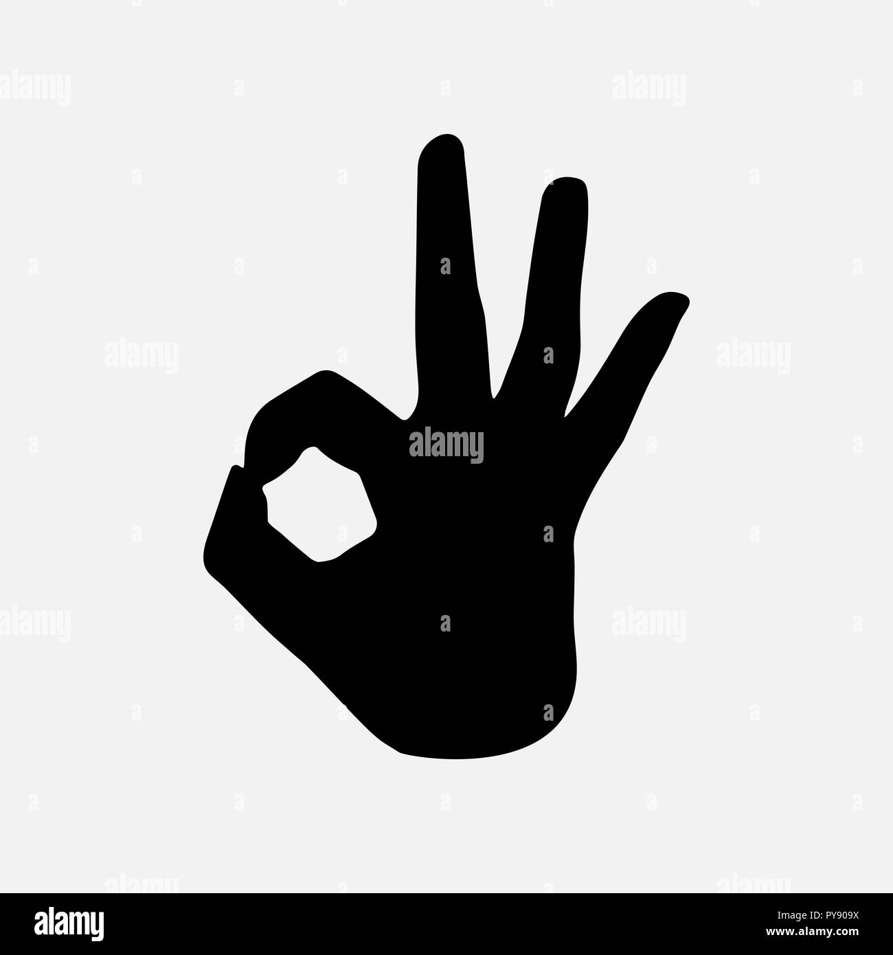 Black and white vector illustration of human hand-print signing ok ...