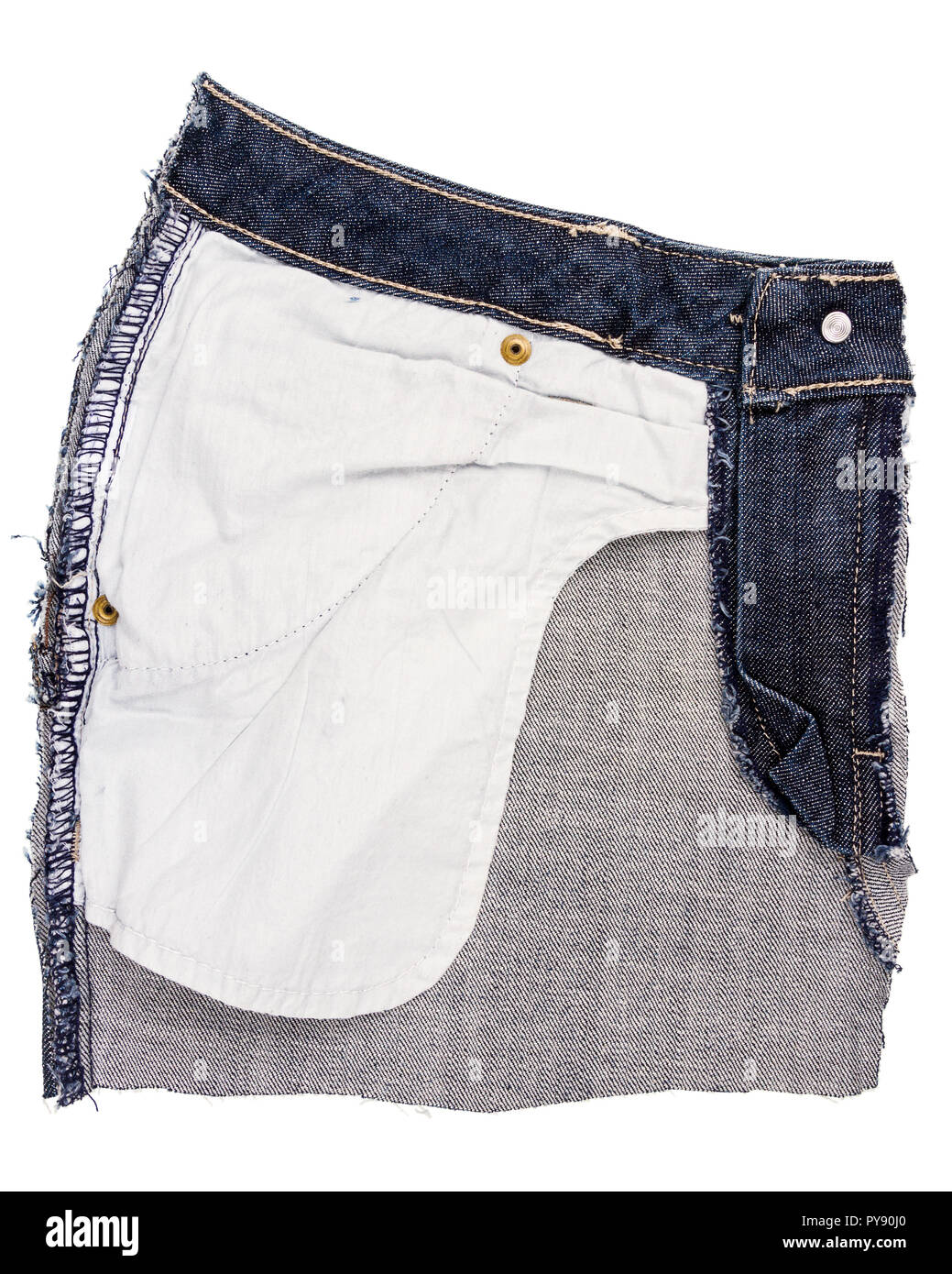 Piece of blue jeans fabric isolated on white background. Rough uneven ...