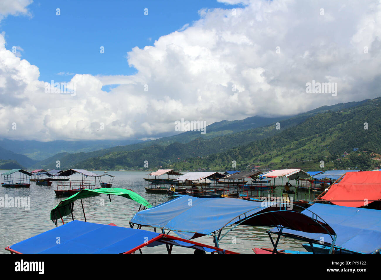 The Phewa Lake and hills in Pokhara, a popular tourist destination ...