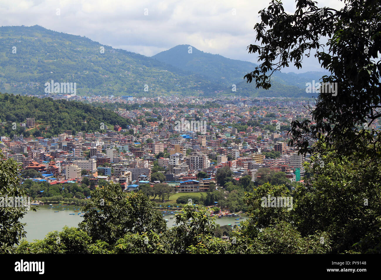 Pokhara town and Phewa Lake as seen on the way up to the World Peace ...