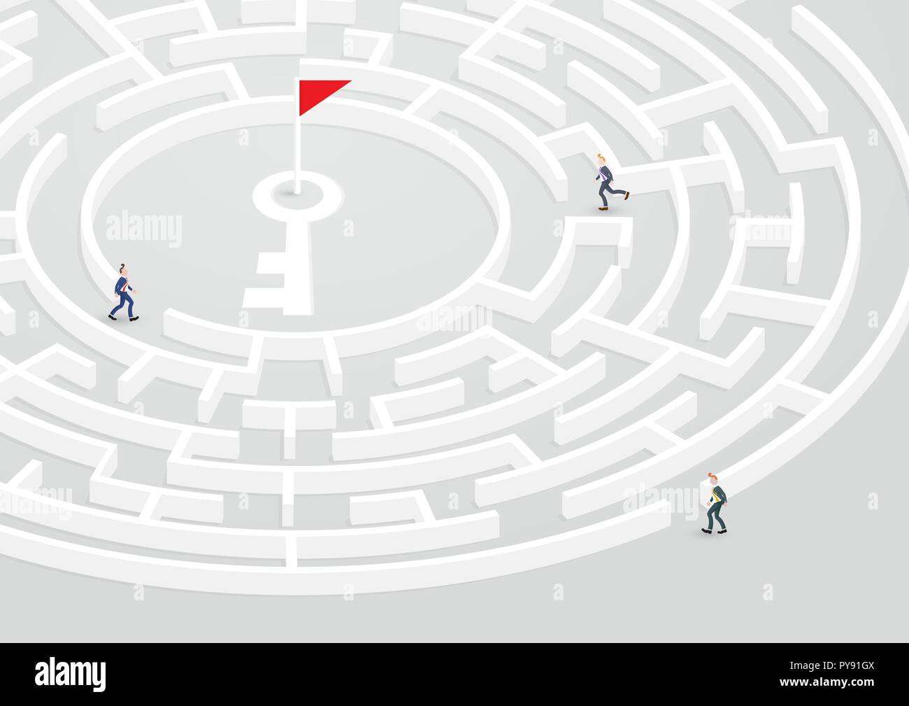 Group of Businessman try to find way to success in circular maze ...