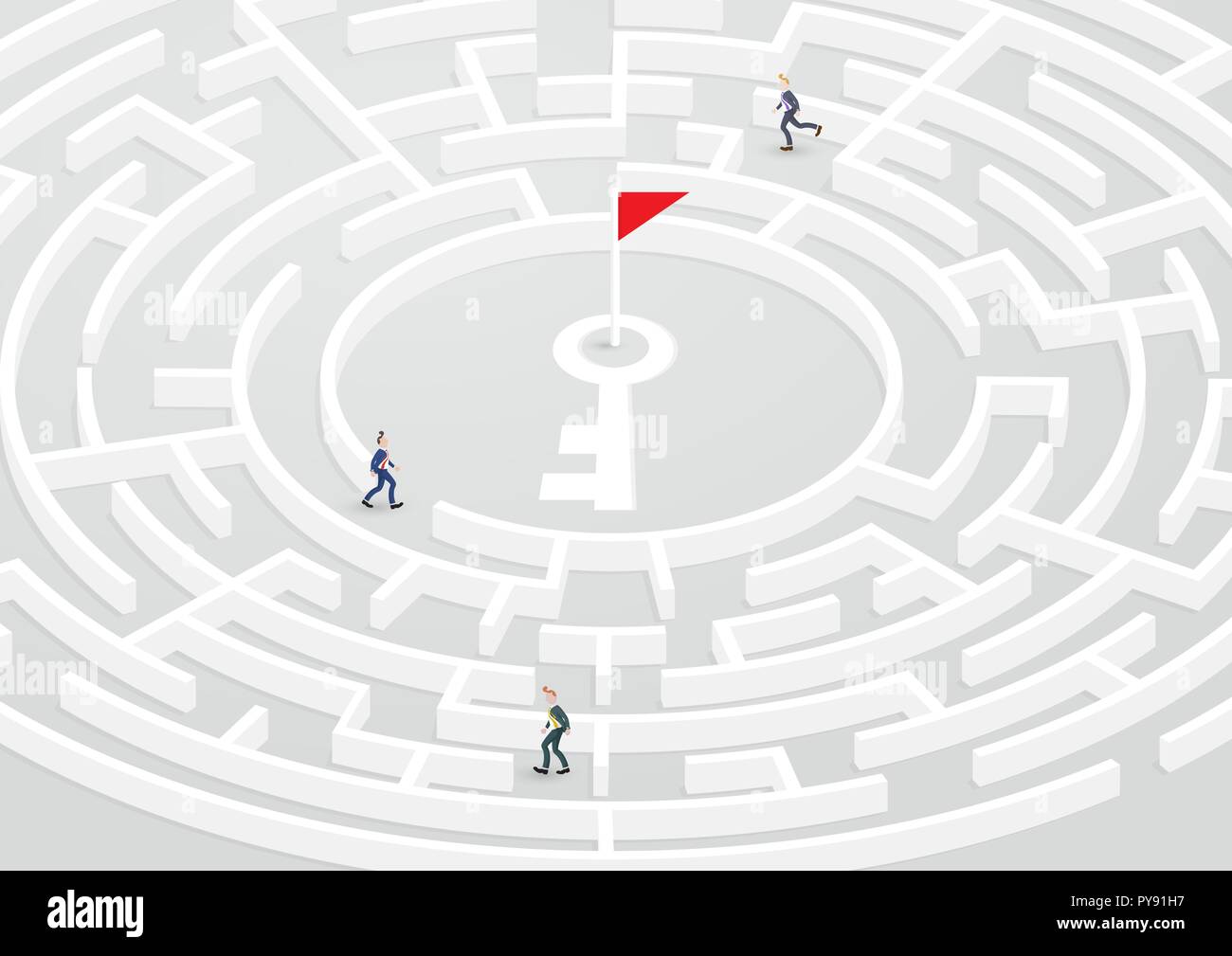 Group of Businessman try to find way to success in circular maze, labyrinth. Vector illustration ...