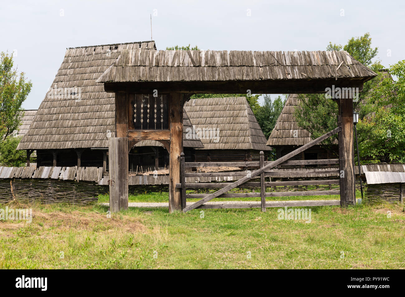 Traditional handmade wooden carved gate from Maramures region in ...